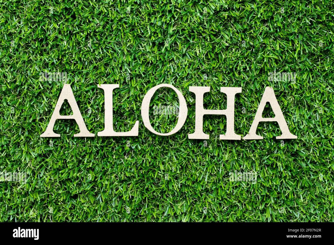 Wood alphabet letter in word aloha on green grass background Stock ...