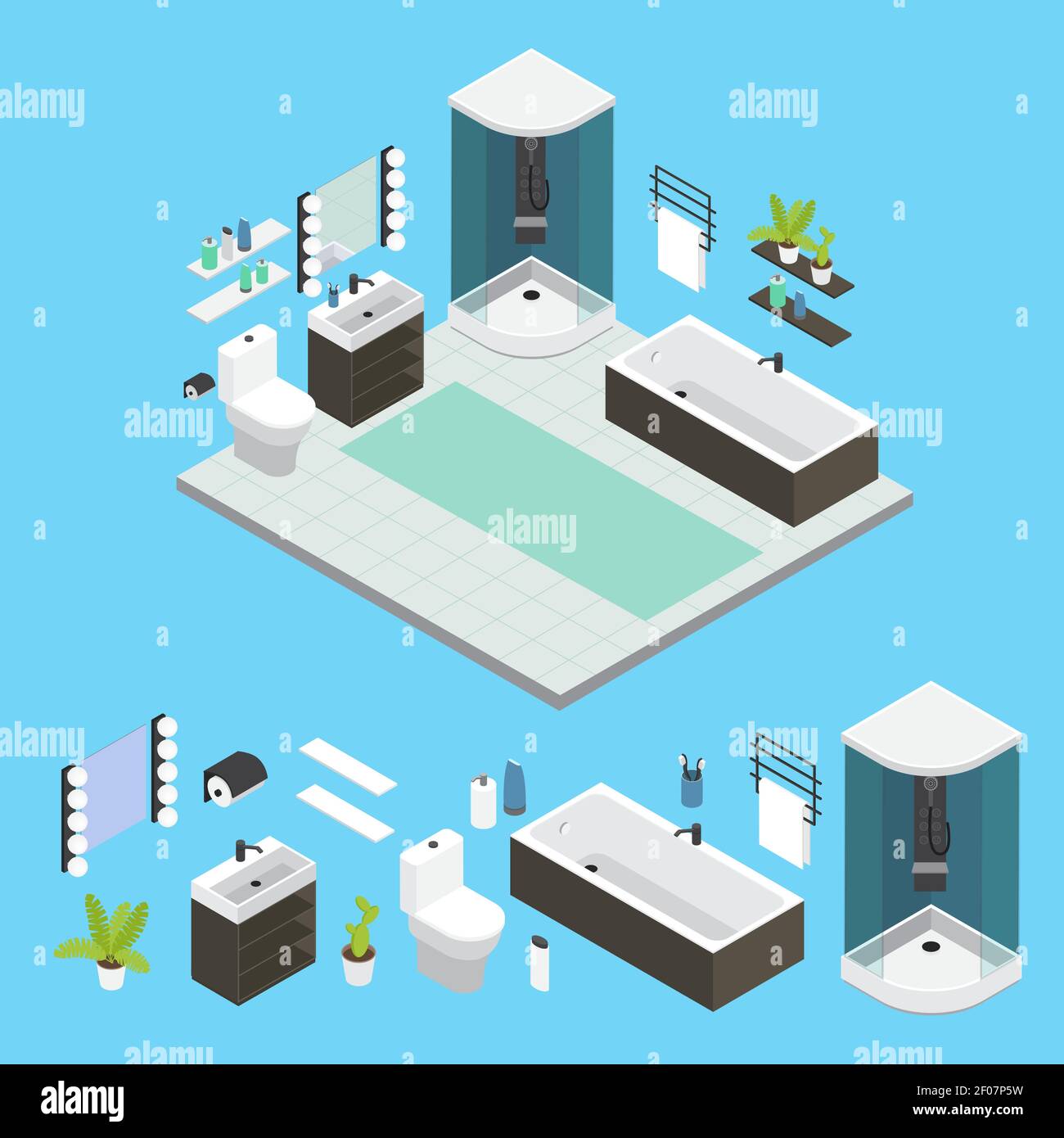 Isometric Bathroom interior composition with shower small room tiled ...
