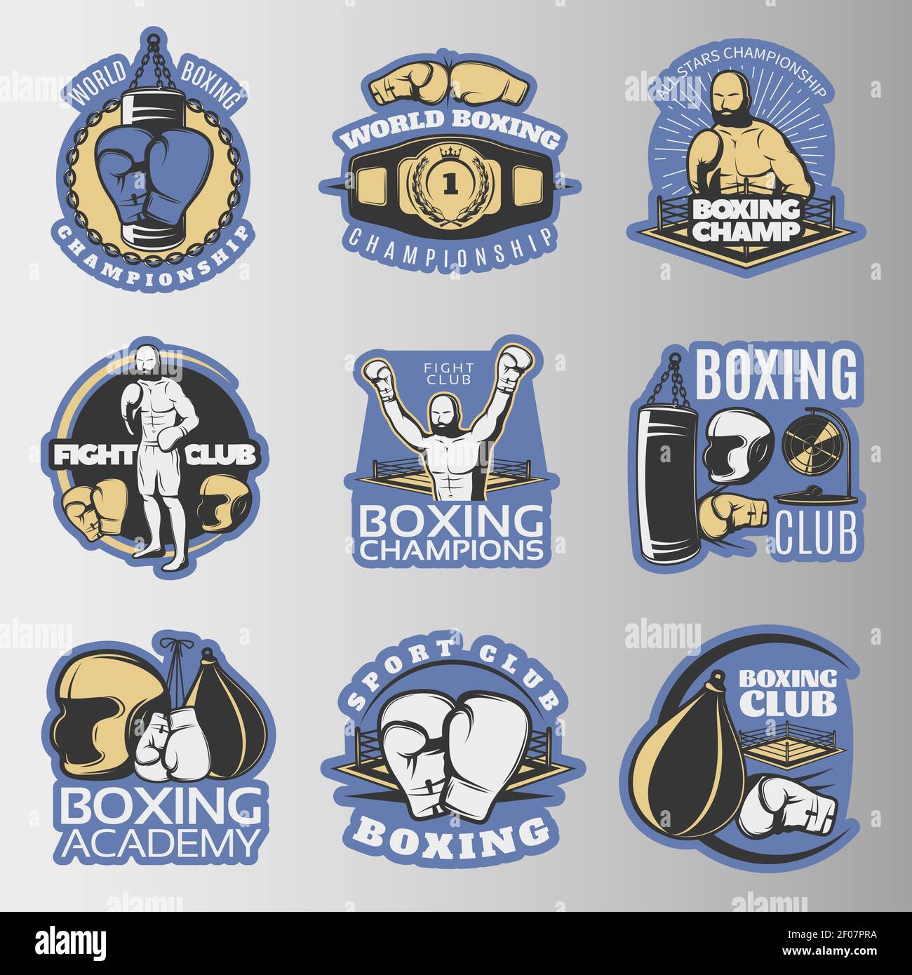 Boxing colored emblems of championships and fight clubs with sports ...