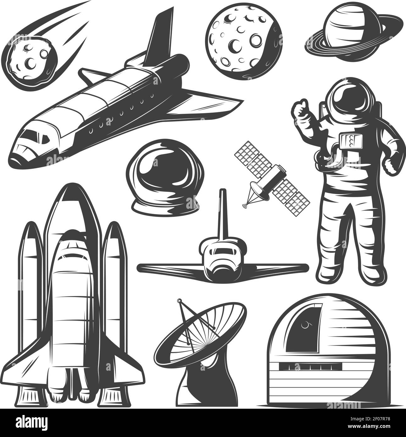 Space monochrome elements set with astronaut shuttles and rockets ...