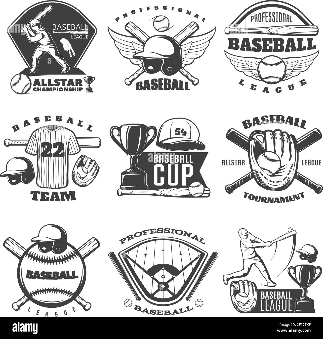 Baseball black white emblems of teams and tournaments with sports ...