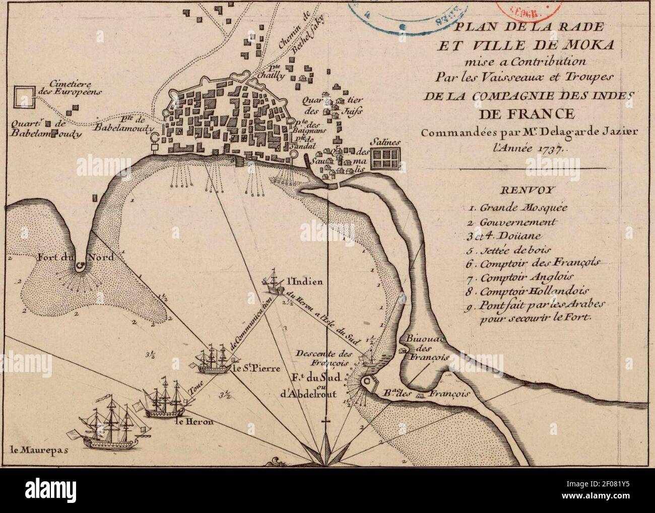 Plan du port de Mocha au Yemen en 1737 Stock Photo - Alamy