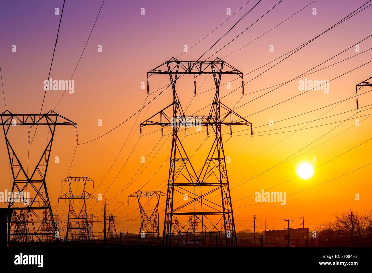 Electric towers with many power lines, sunrise, Pennsylvania, USA Stock ...