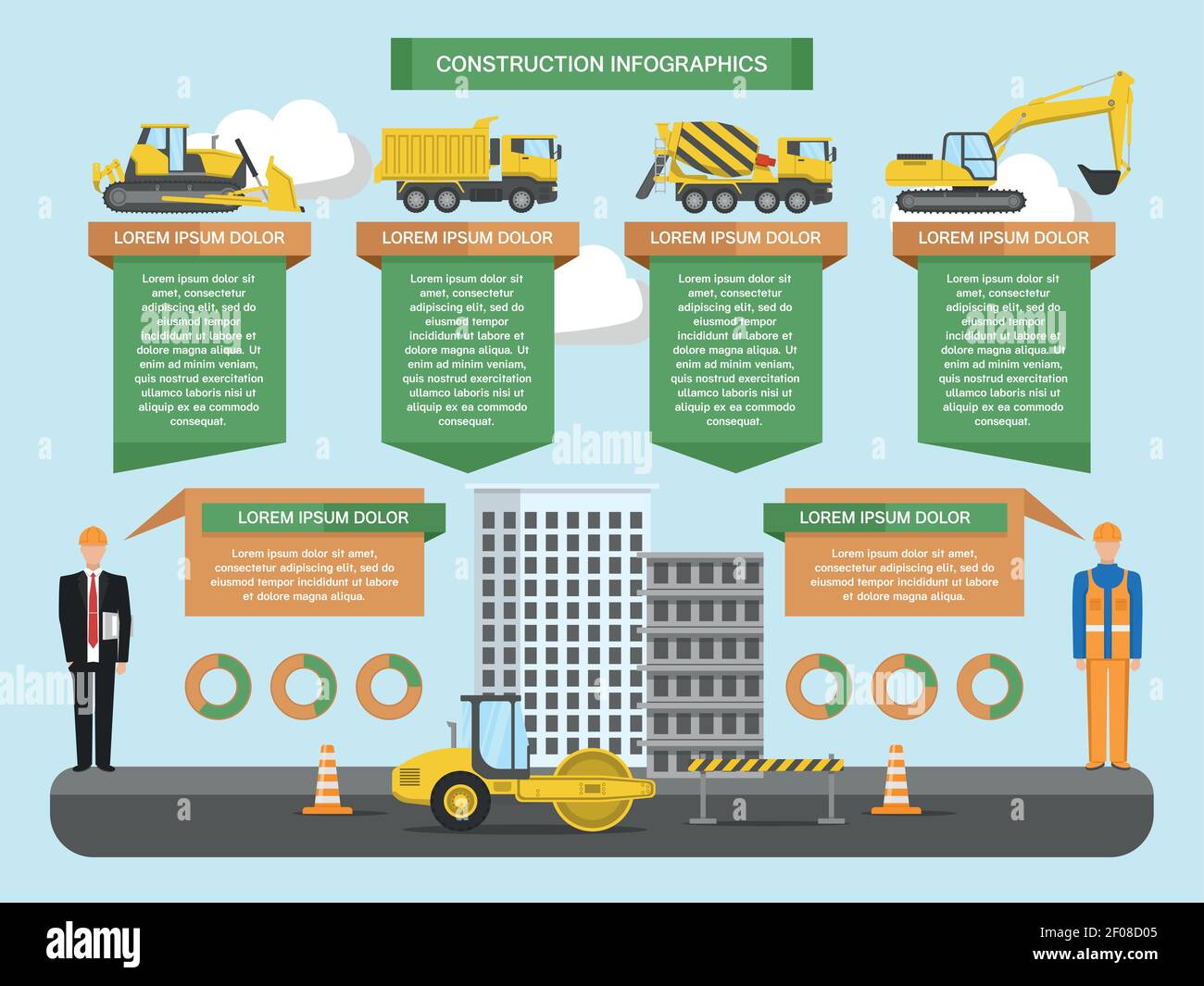 Construction infographics template with staff building machinery road ...