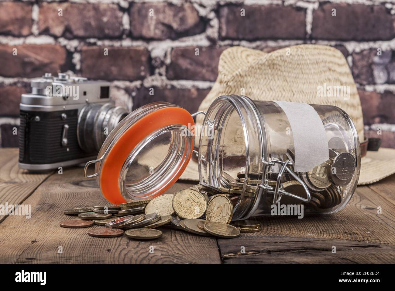 Coins On Wood Table Stock Photo - Alamy