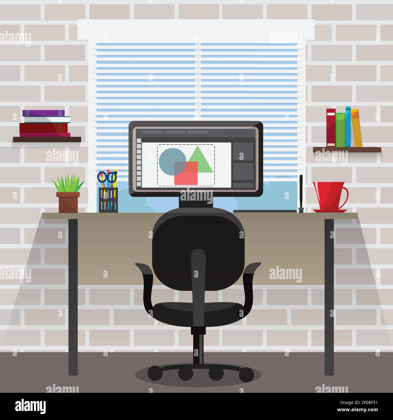 Workspace for designer composition with computer and desk near window ...