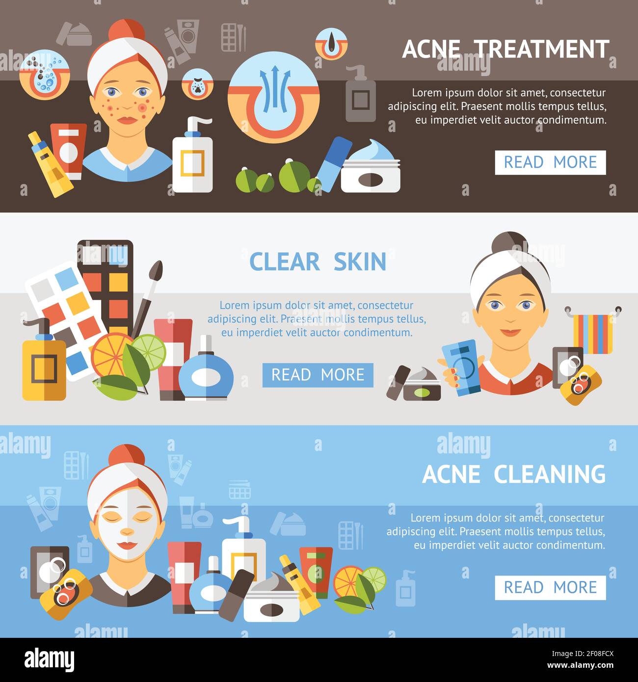 Three horizontal acne banner set with description of acne treatment ...