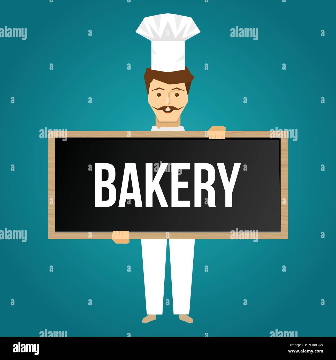 Baker holds signboard design with cheerful young single man in white ...