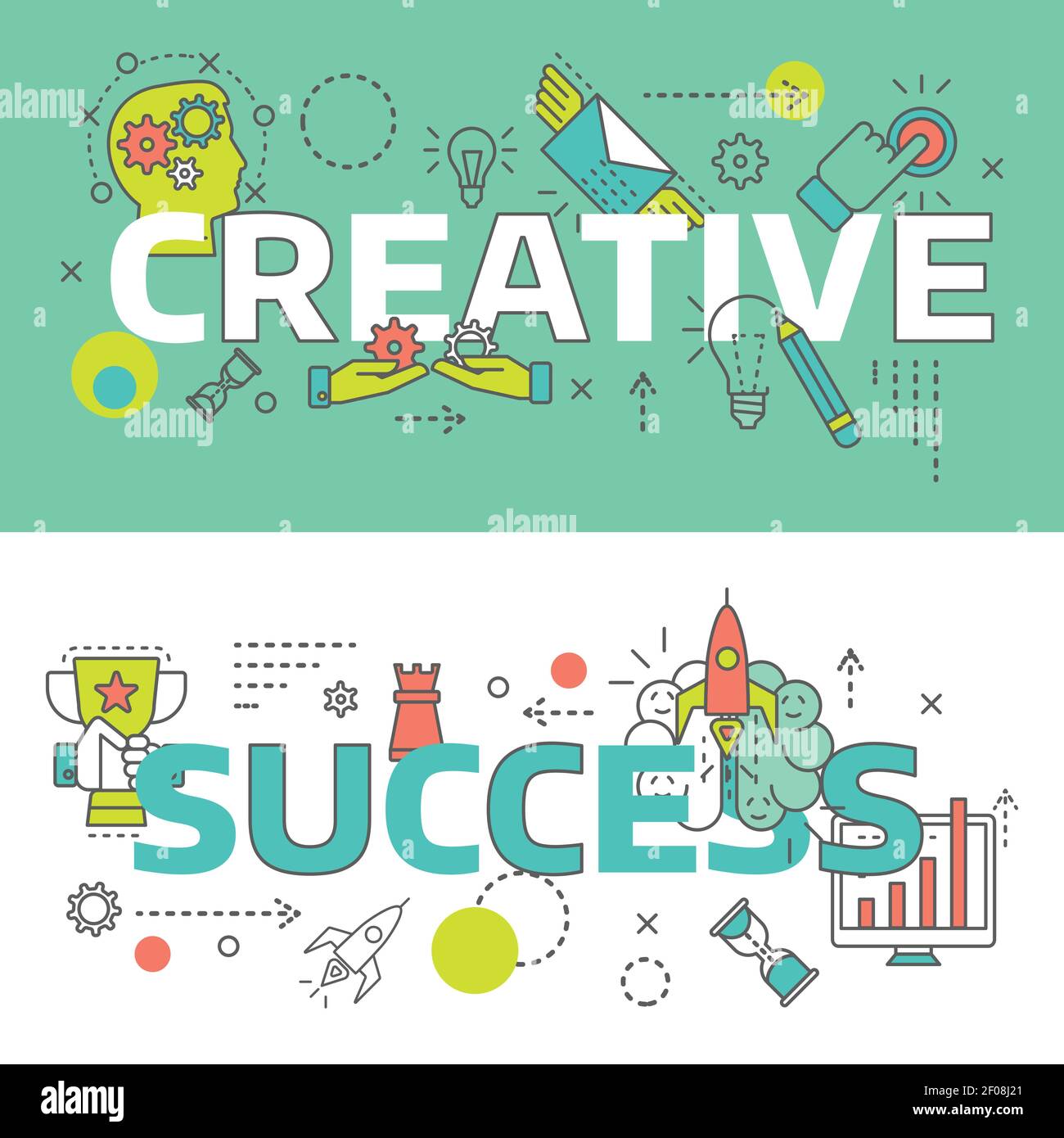 Two isolated colored creative line banner set on creative and success ...
