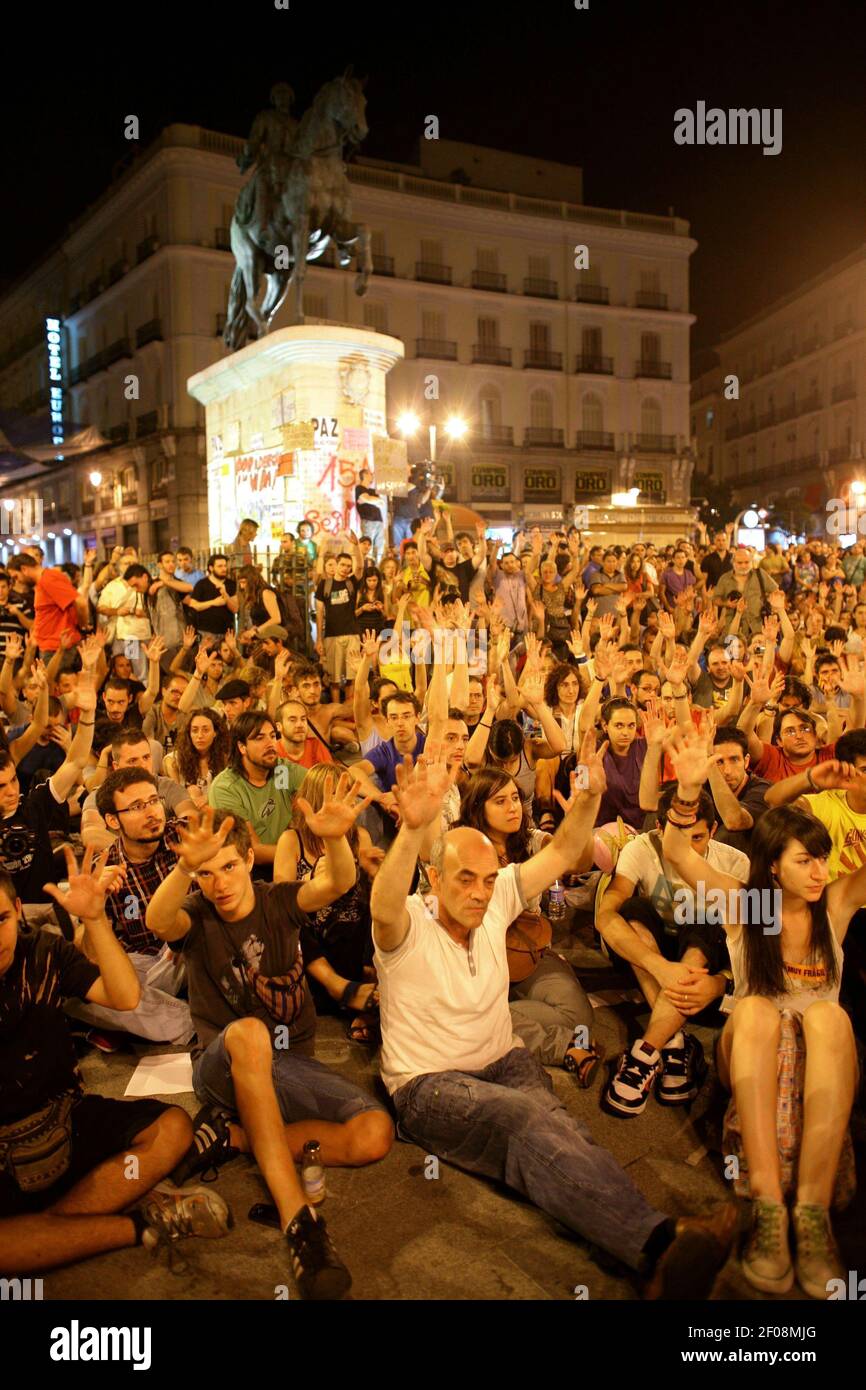 5 August 2011- Madrid, Spain - Demonstrators taking part in the 15-M ...