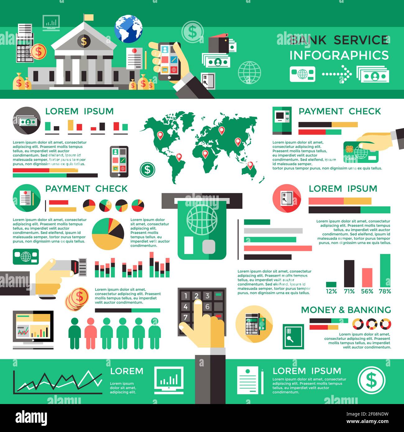 Bank service infographics with world map card money smartphone atm ...