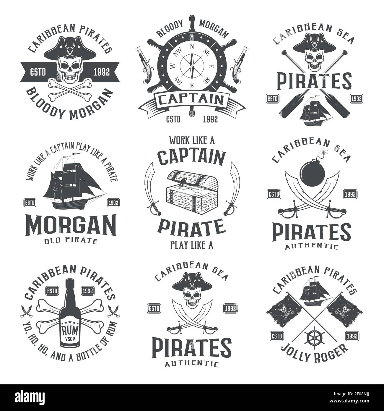 Sea robbers monochrome emblems with piratic symbol compass weapons ...