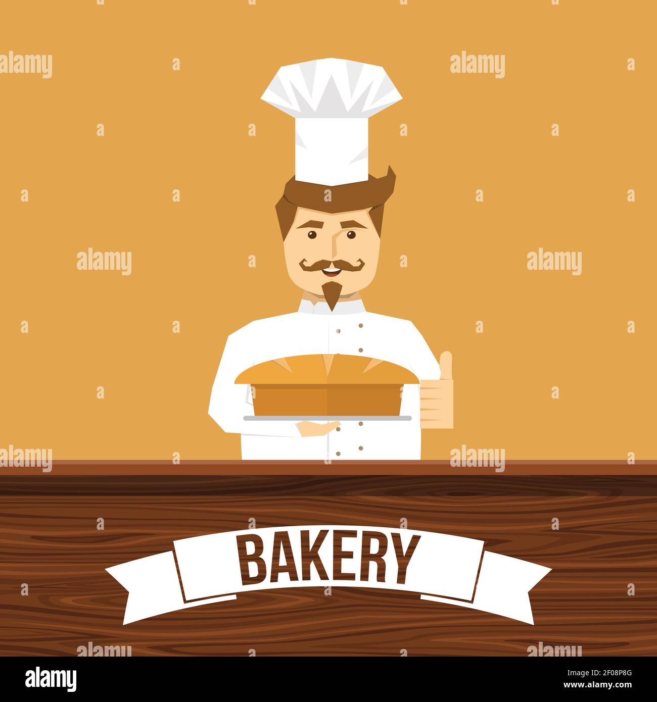 Baker and bread design with smiling man behind wooden counter on tan ...