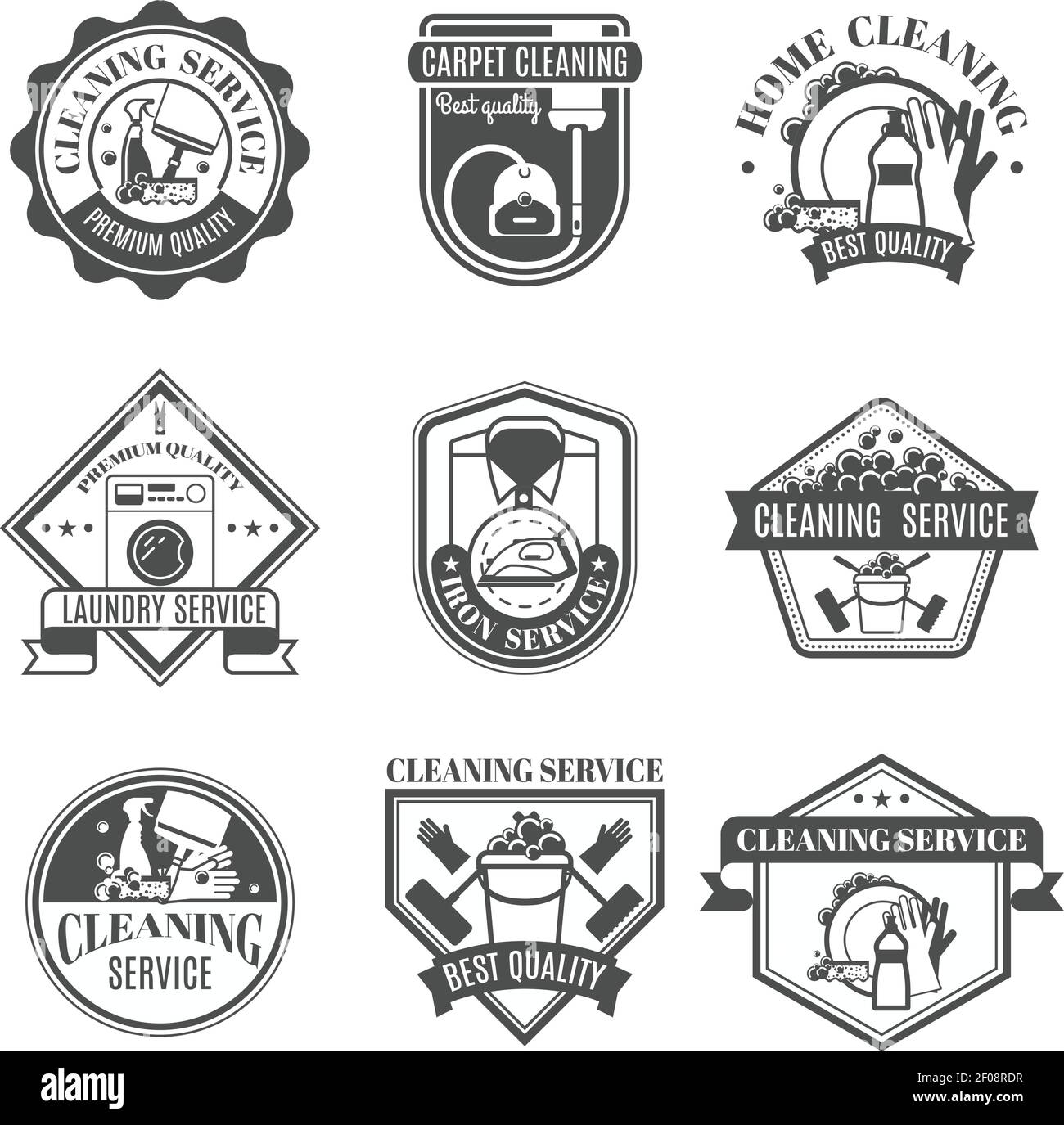 Isolated black and white cleaning emblems or stickers in different ...