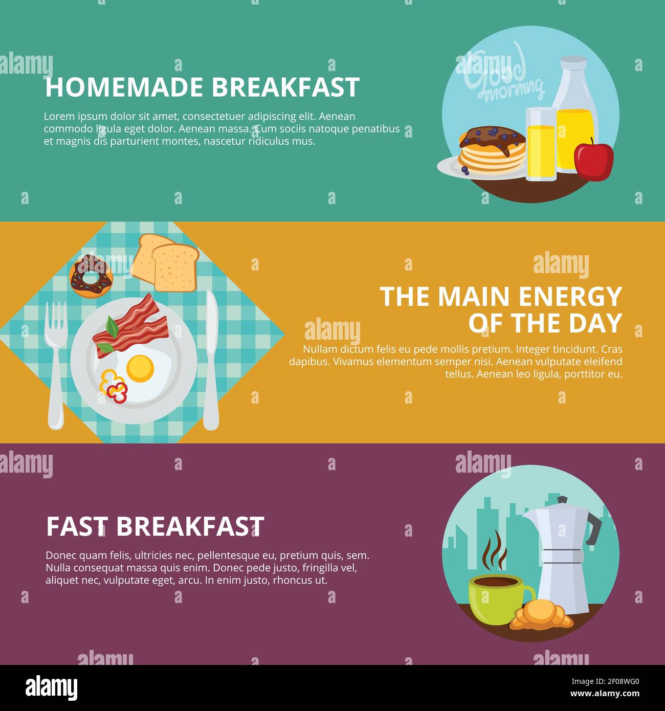 Breakfast flat horizontal banner set with headlines of homemade ...