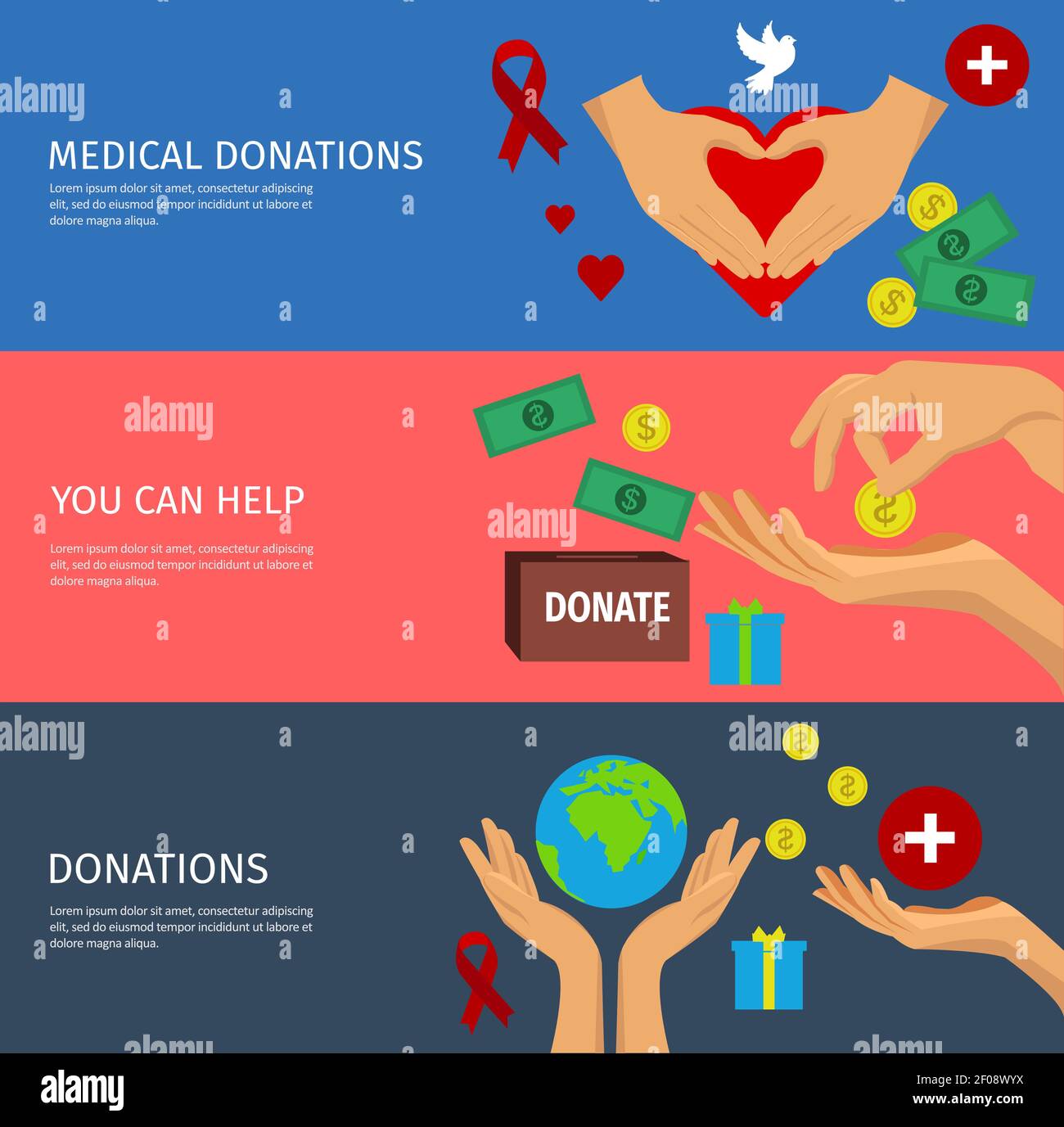 Flat horizontal banner set with various ways to help by charity or ...