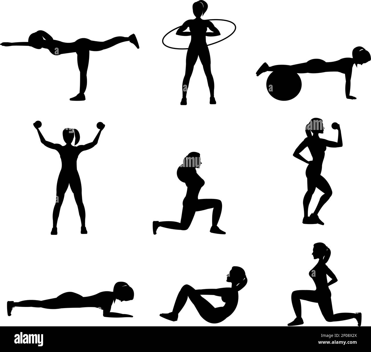 Fitness for woman flat icons set in black color with push-up stretching ...