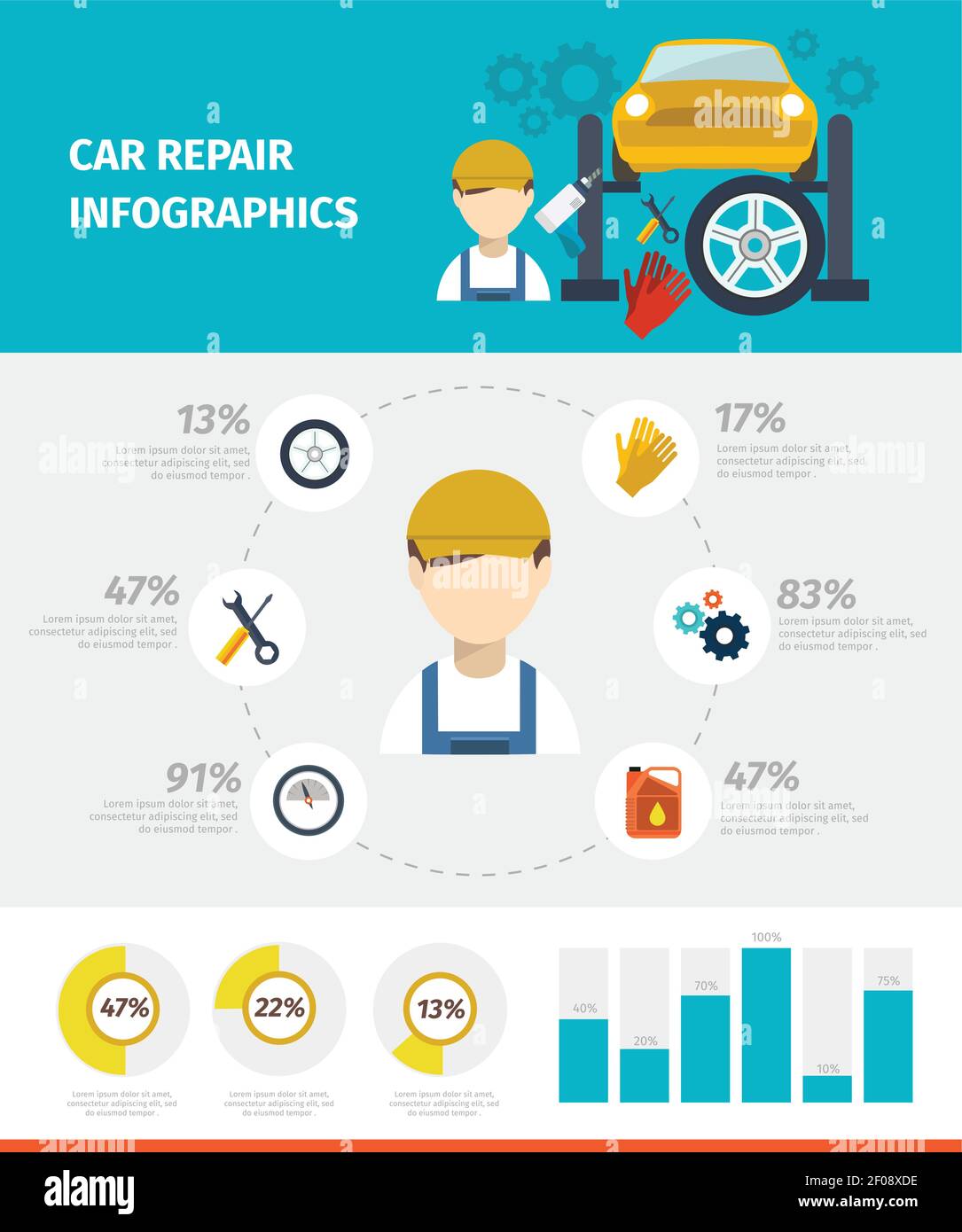 Car repair infographics with avatar of mechanic and working tools in ...