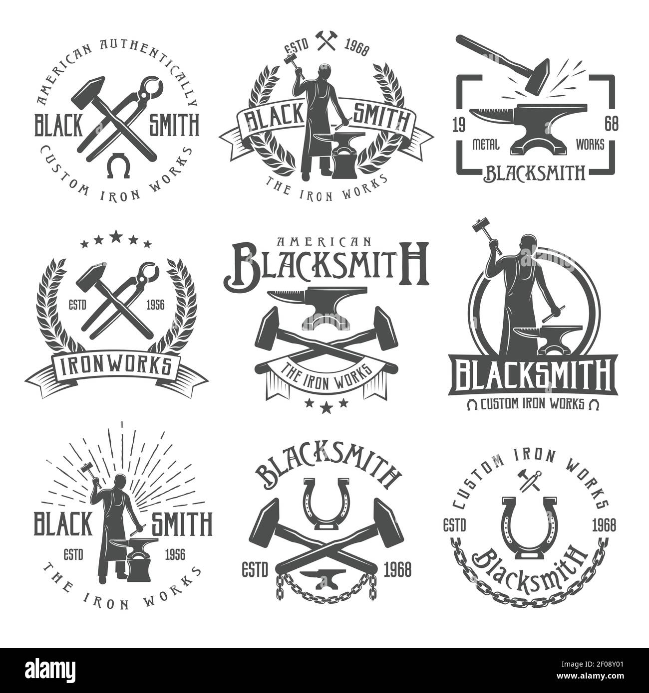 Blacksmith graphic vintage emblems with working craftsman hammers anvil ...