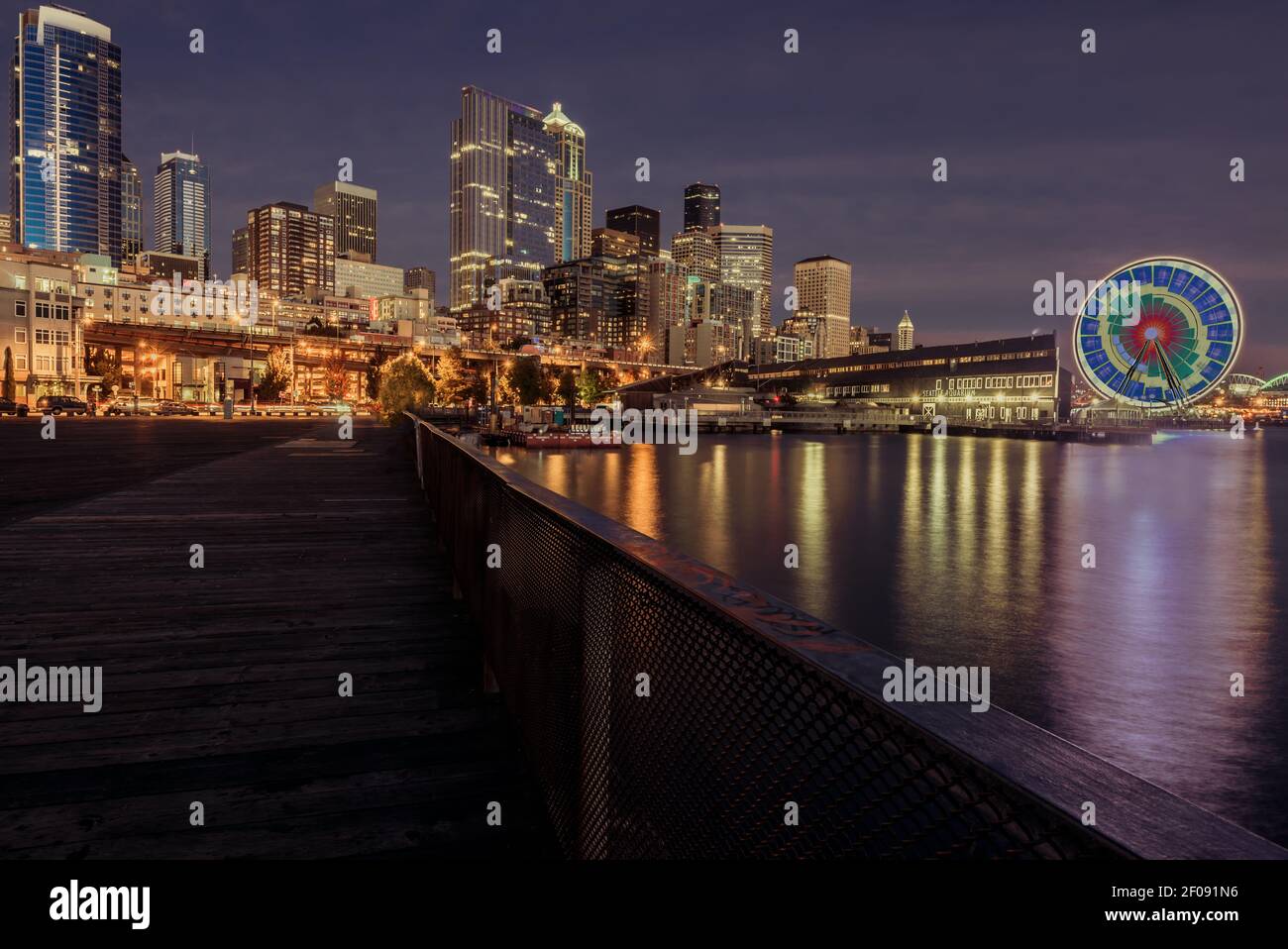 Seattle Waterfront Blue Hour Skyline Cityscape Landscape Stock Photo ...
