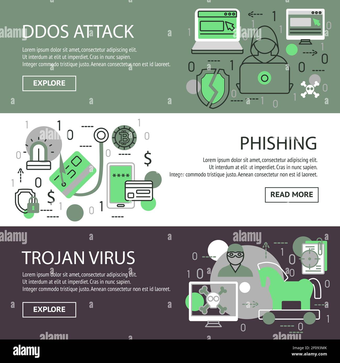Three horizontal internet security banner set with descriptions of ddos ...
