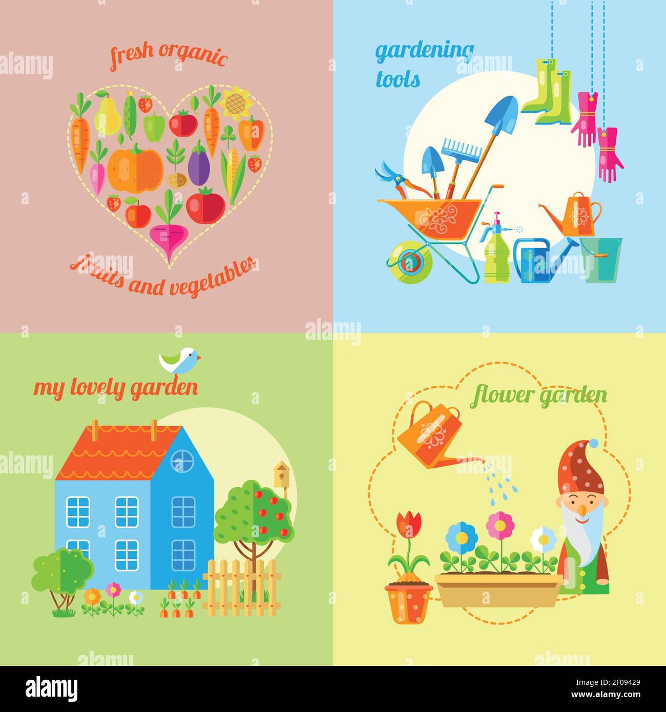 Four square garden icon set with headlines fresh organic gardening ...