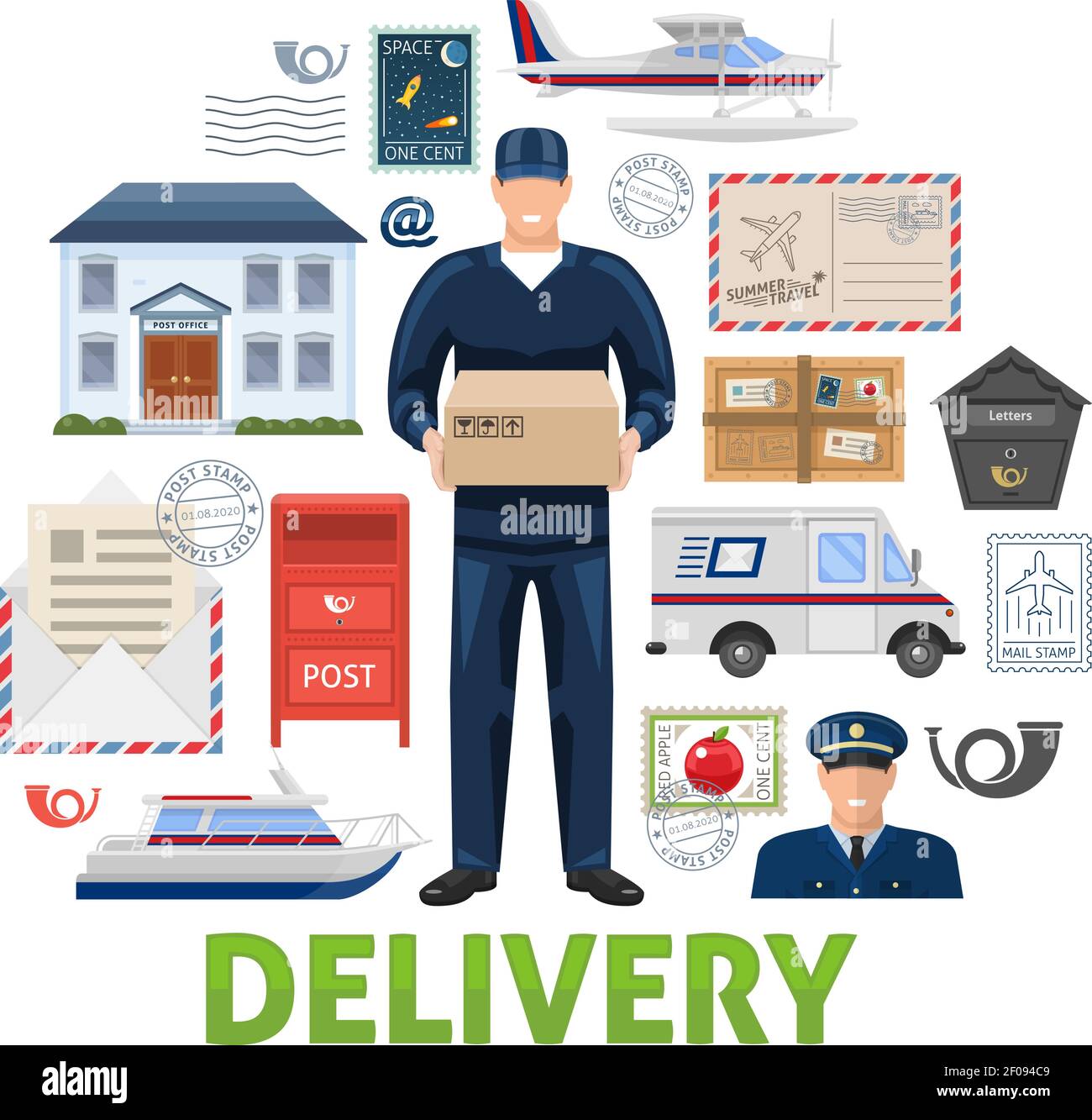 Postal delivery elements set in circle shape with correspondence ...