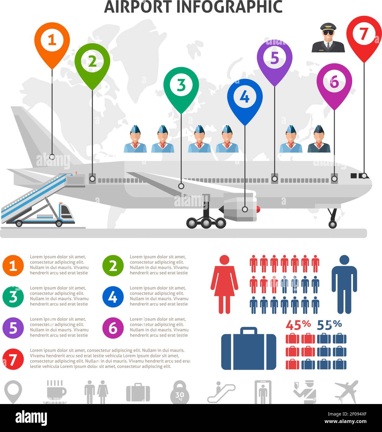 Airport service infographics with airplane world map stewardesses pilot ...