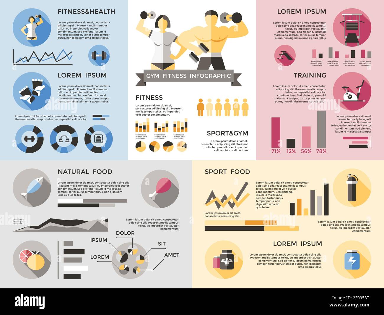 Gym fitness infographics set graphs and percentages for different ...