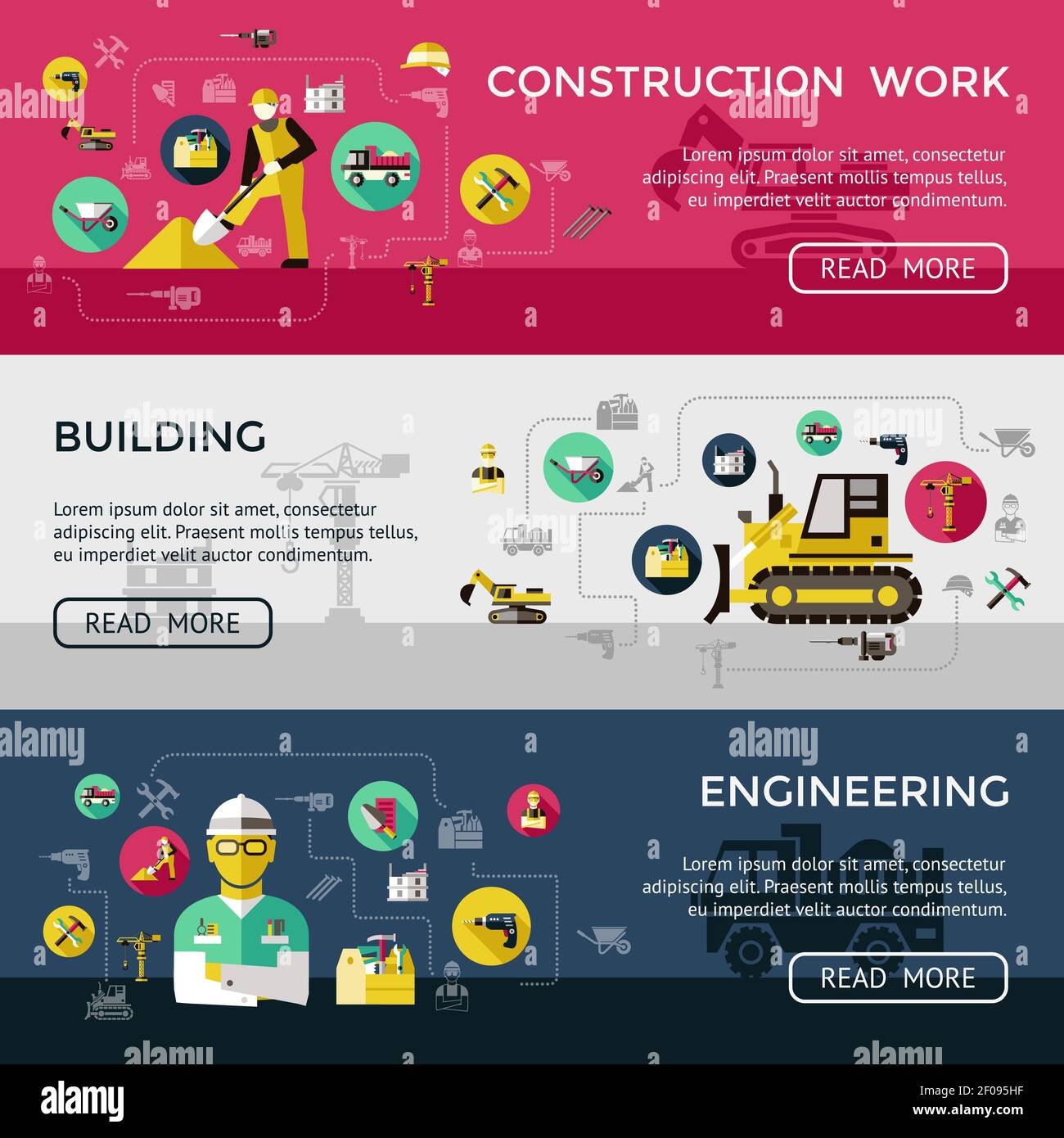 Three horizontal construction banner set with construction work ...