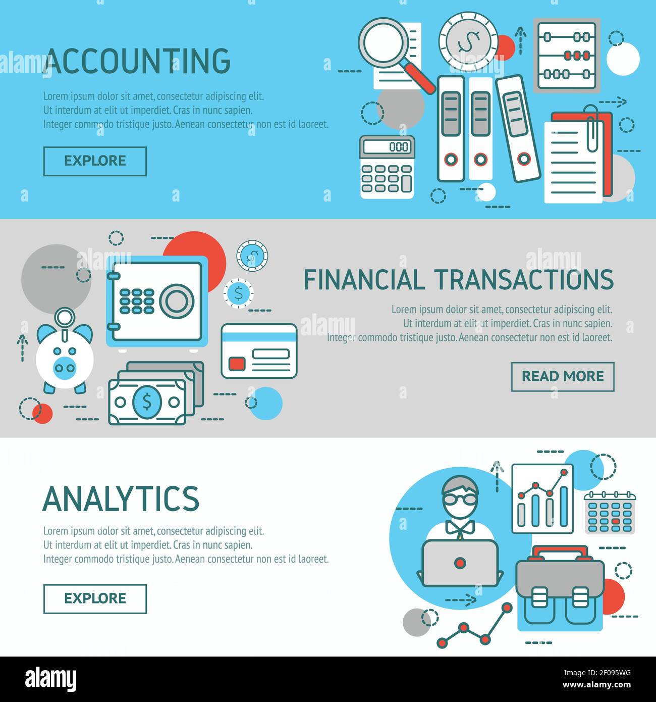 Accountant horizontal banners set with money banking card safe computer ...