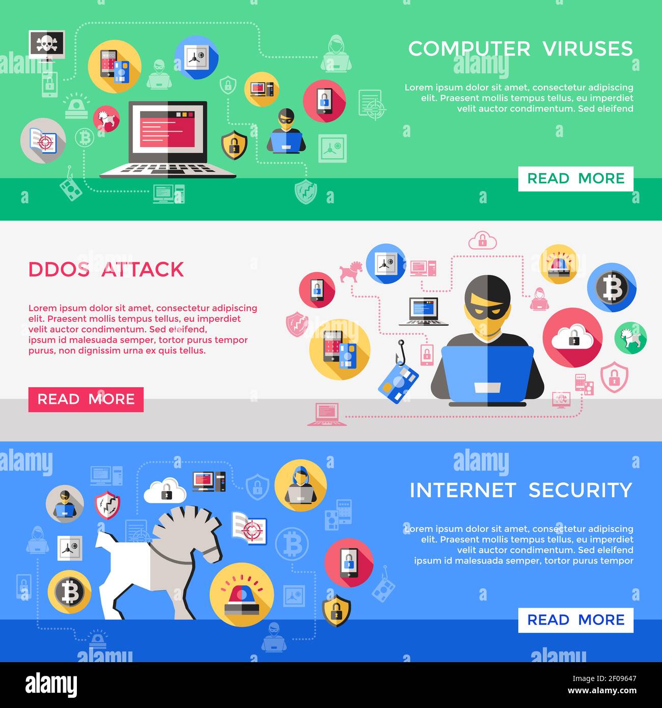 Internet security horizontal banners set with computer viruses spam ...