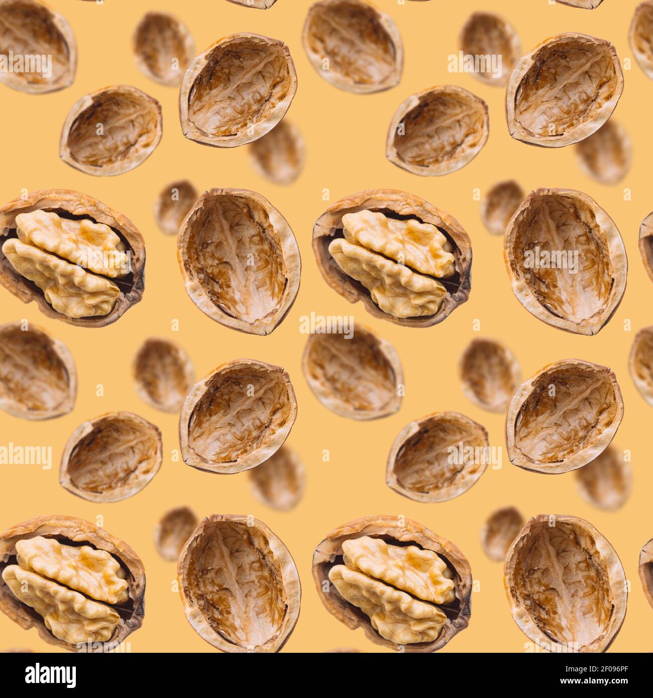 Walnut seamless pattern on brown background. Open nut shell and kernel ...