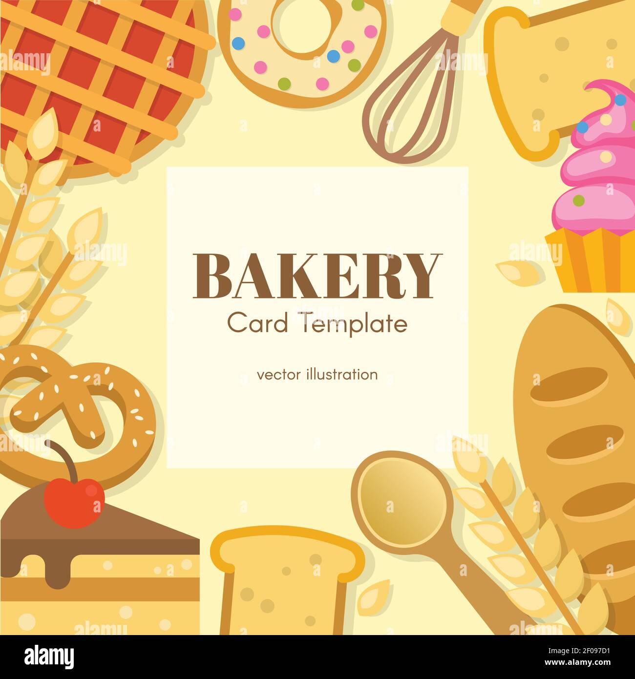 Bakery flat card template with place for inscription in center tools ...