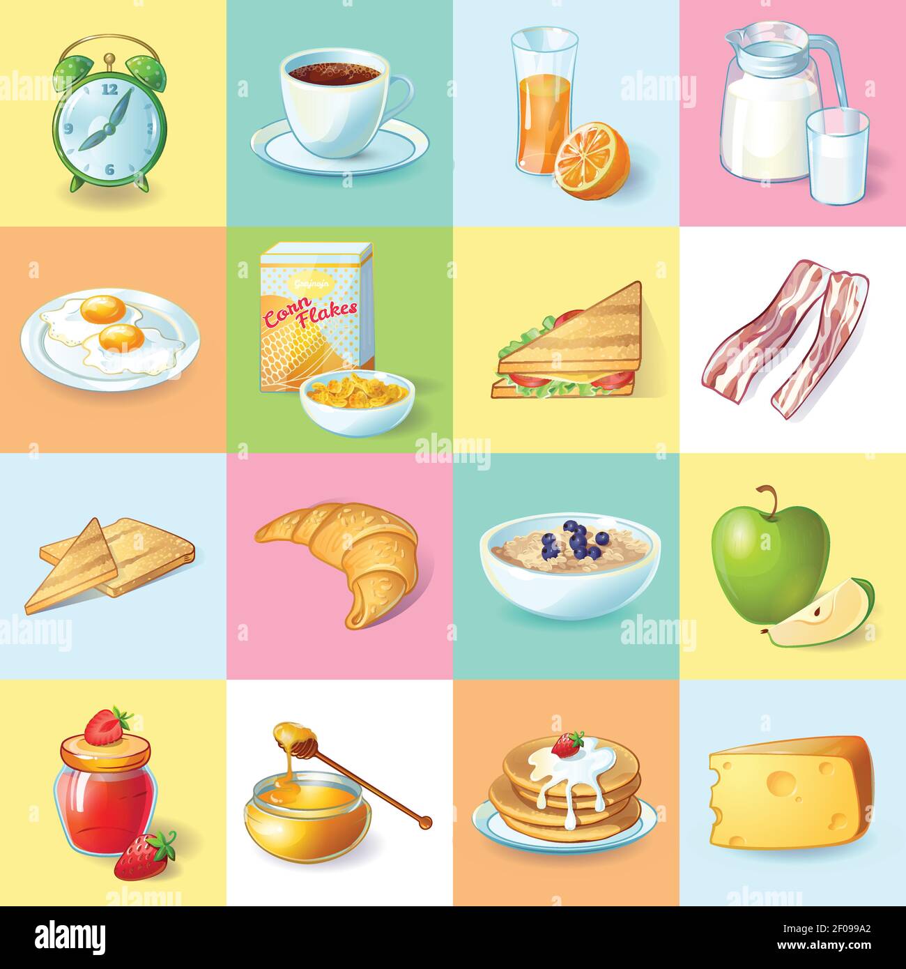 Colorful traditional breakfast elements collection with alarm clock healthy dishes and morning ...