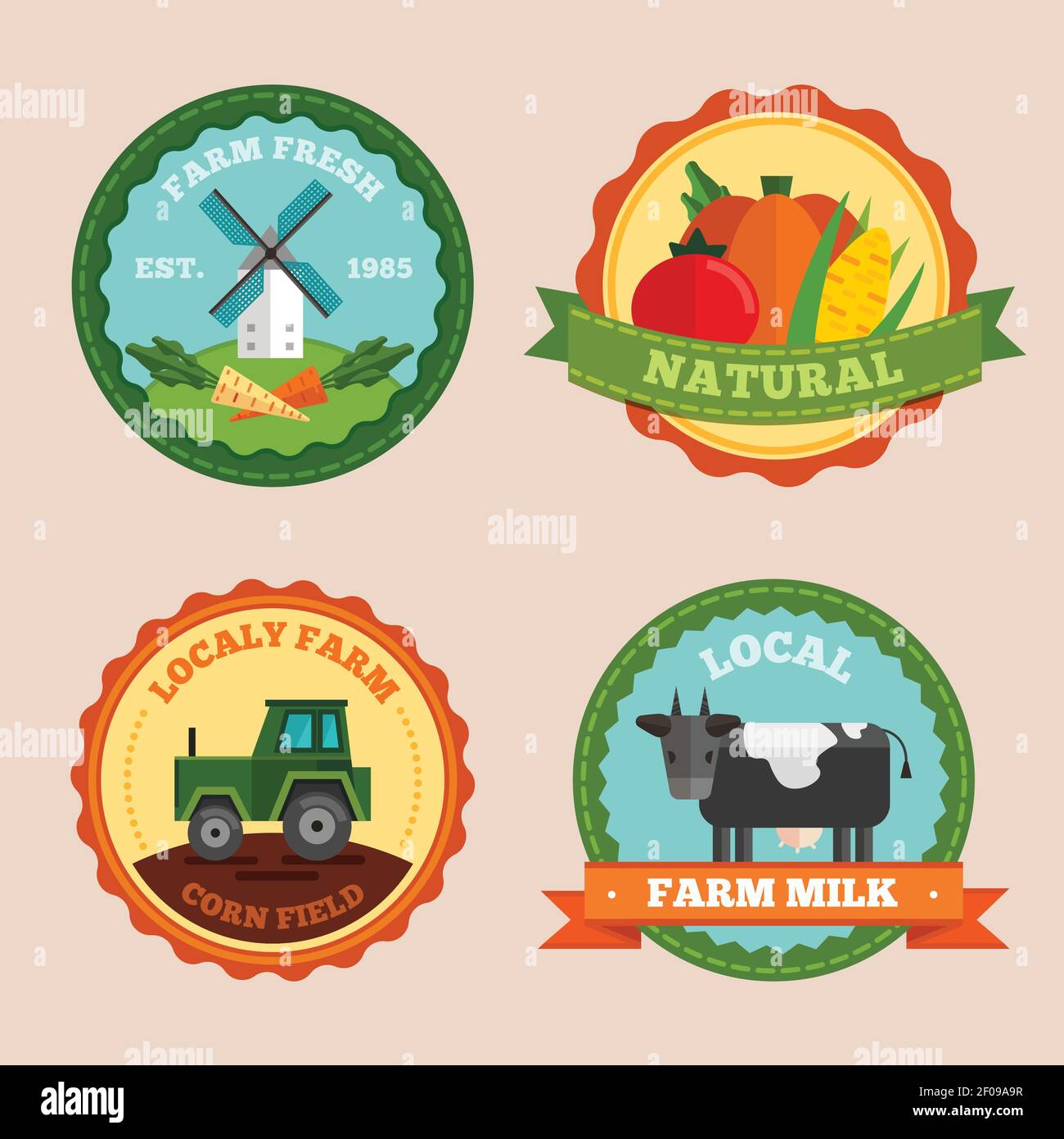 Flat farm emblem set with farm fresh natural locally farm corn field ...