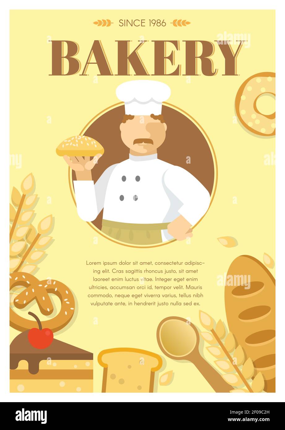 Baker and flour products poster with man in center wheat bread spoon on ...