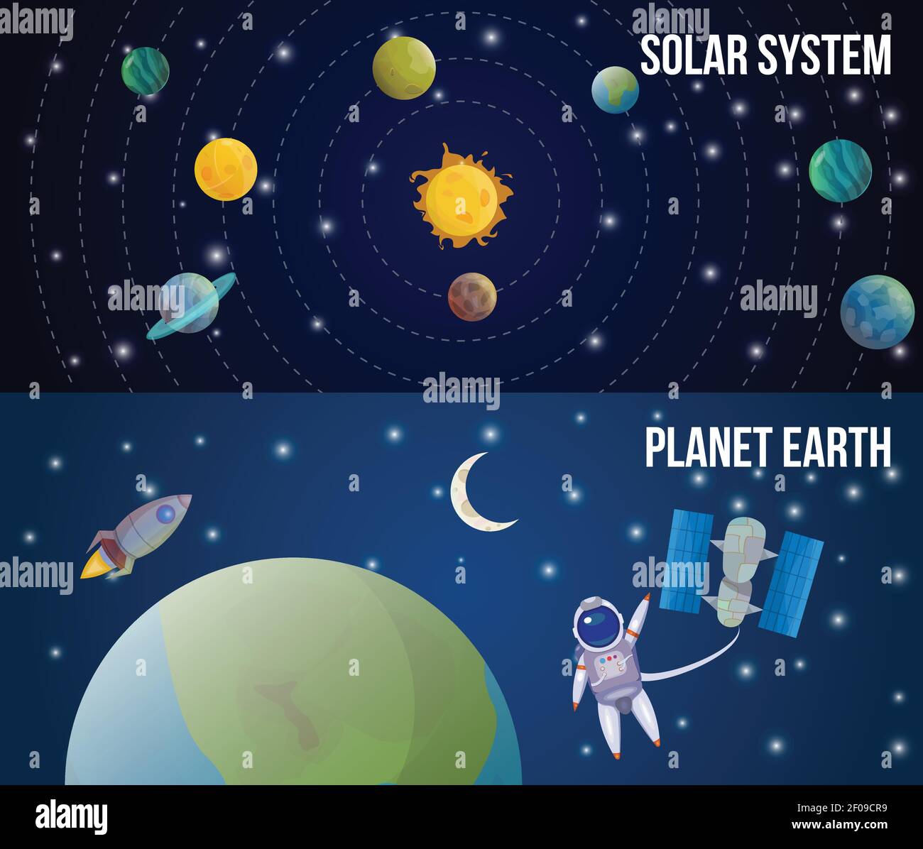 Two horizontal space universe set with descriptions of solar system and ...