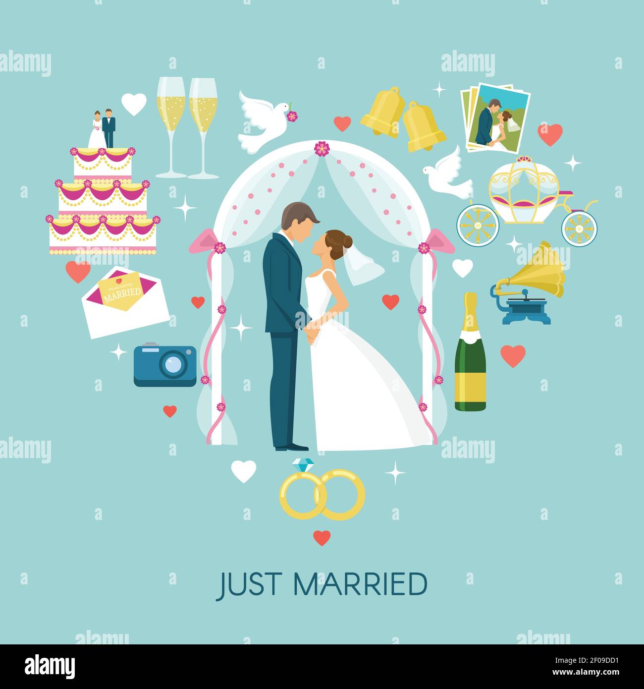 Heart wedding composition with couple wedding elements or icons around ...