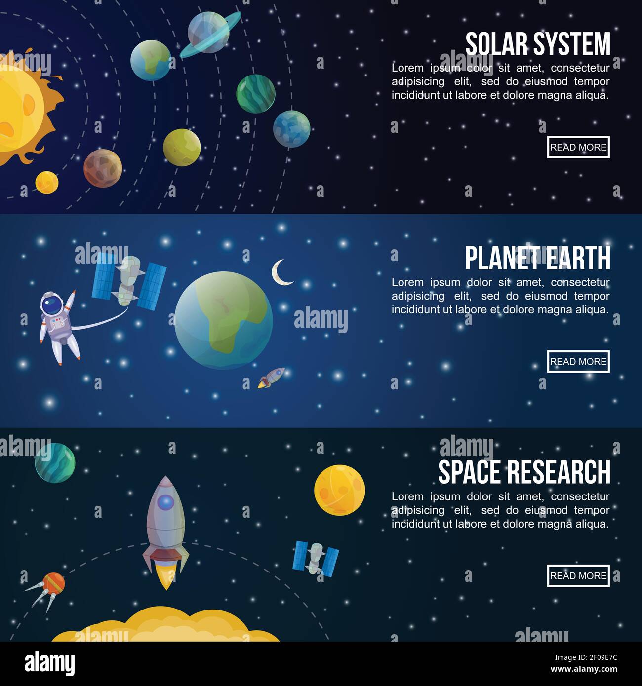 Colored space universe banner set with descriptions of solar system ...