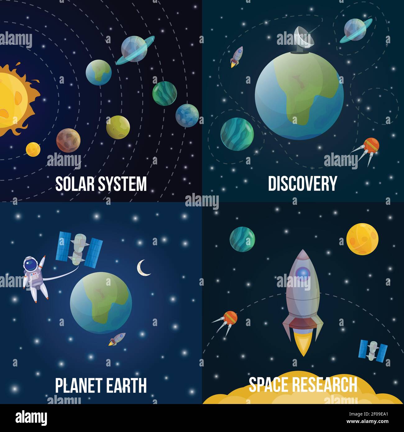 Four square space universe colored icon set with descriptions of solar ...