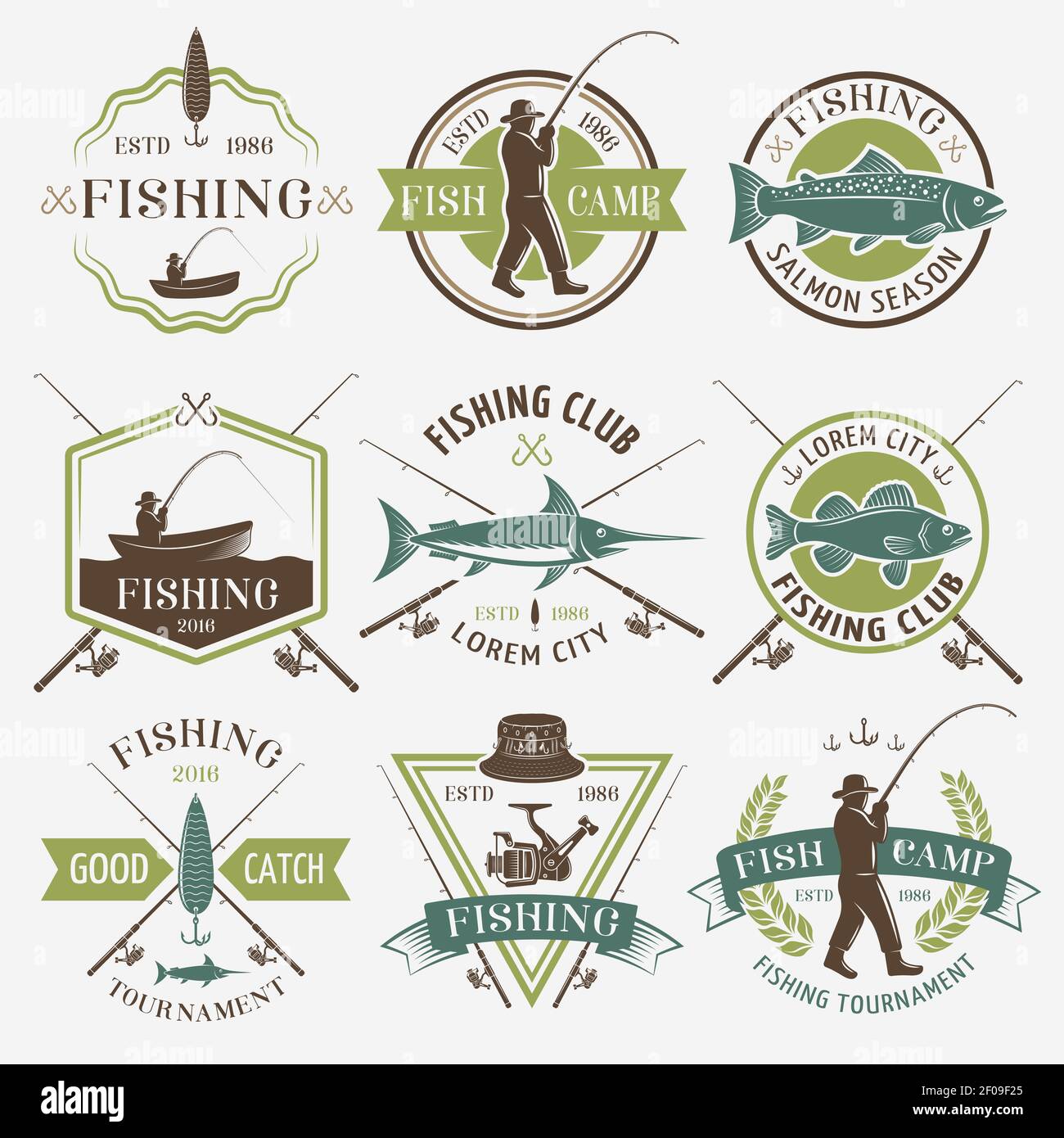 Fishing clubs colorful emblems with man in hat reel hooks rods boat ...