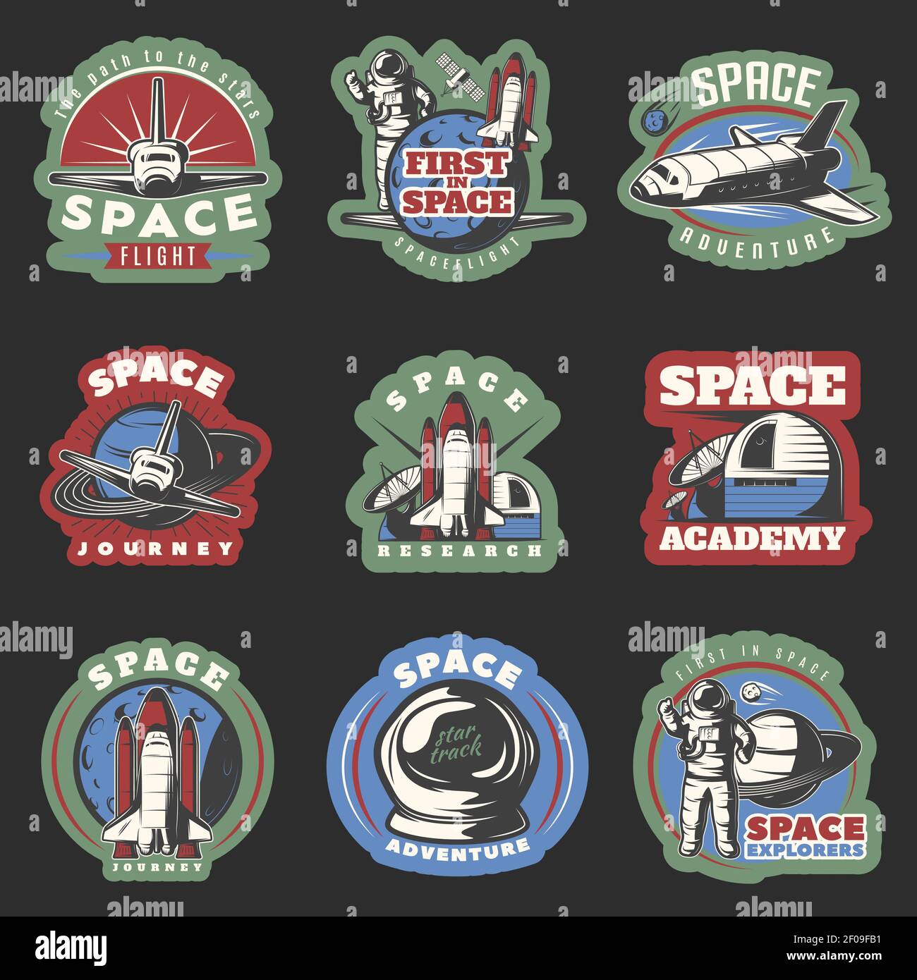 Space flights and research colored emblems with cosmic equipment on ...