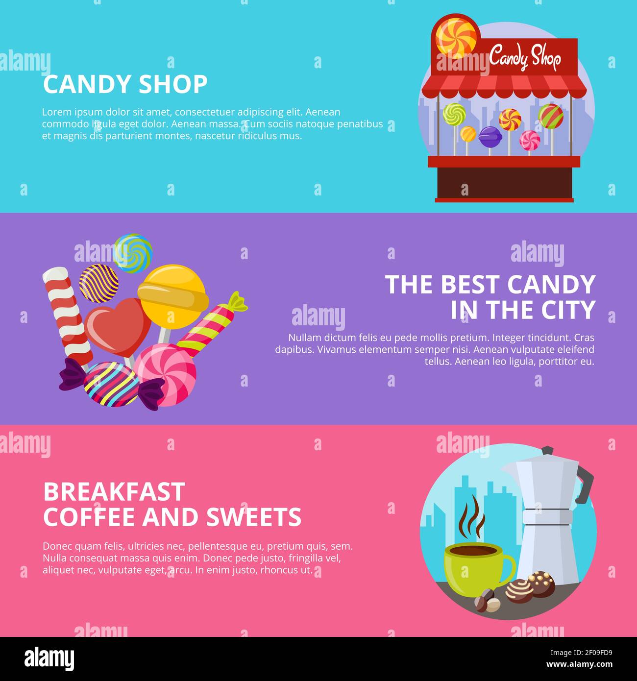 Three colored sweet candy banners with headlines of candy shop the best ...