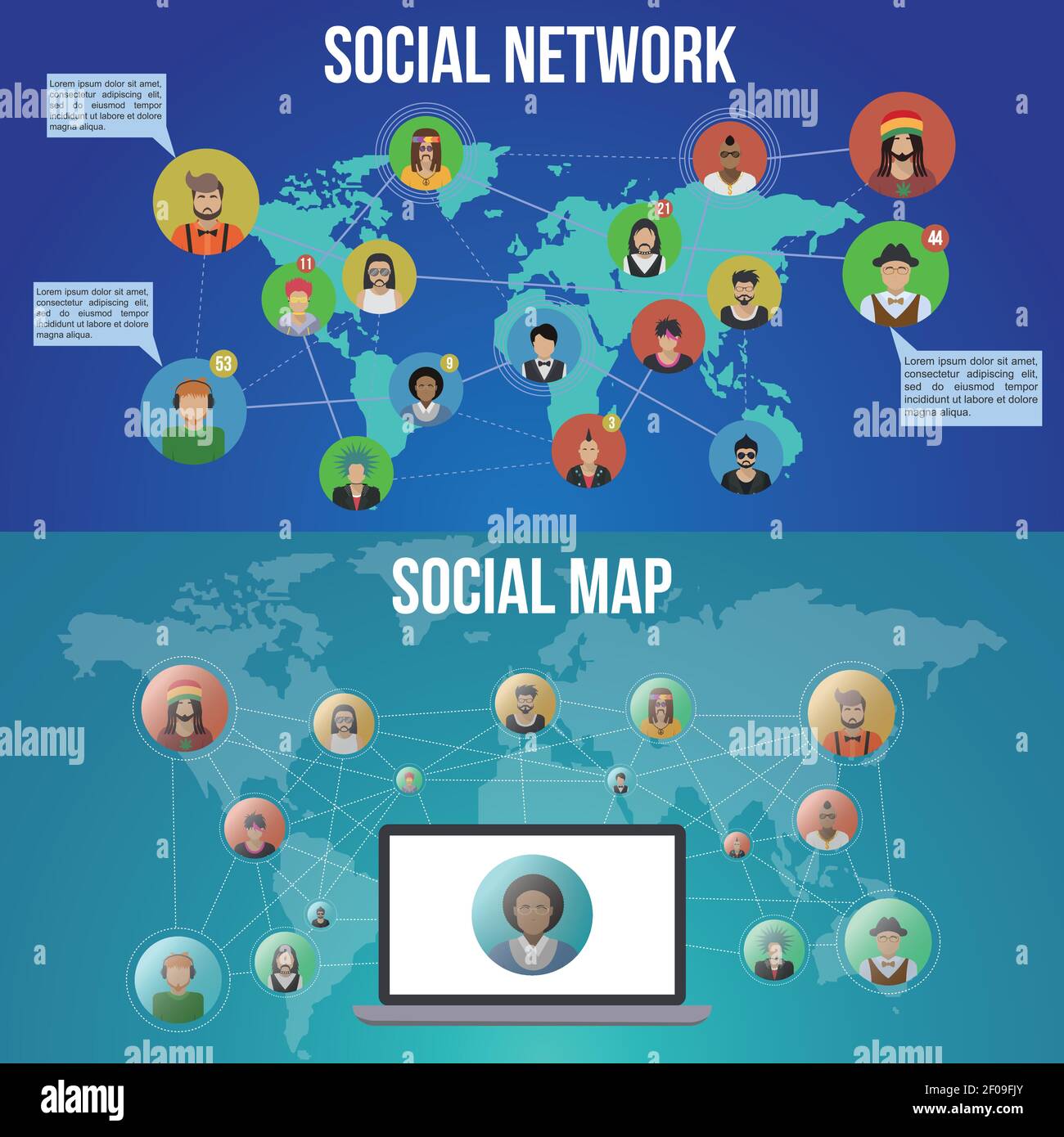 Two colored horizontal avatar banner set with headlines social network ...