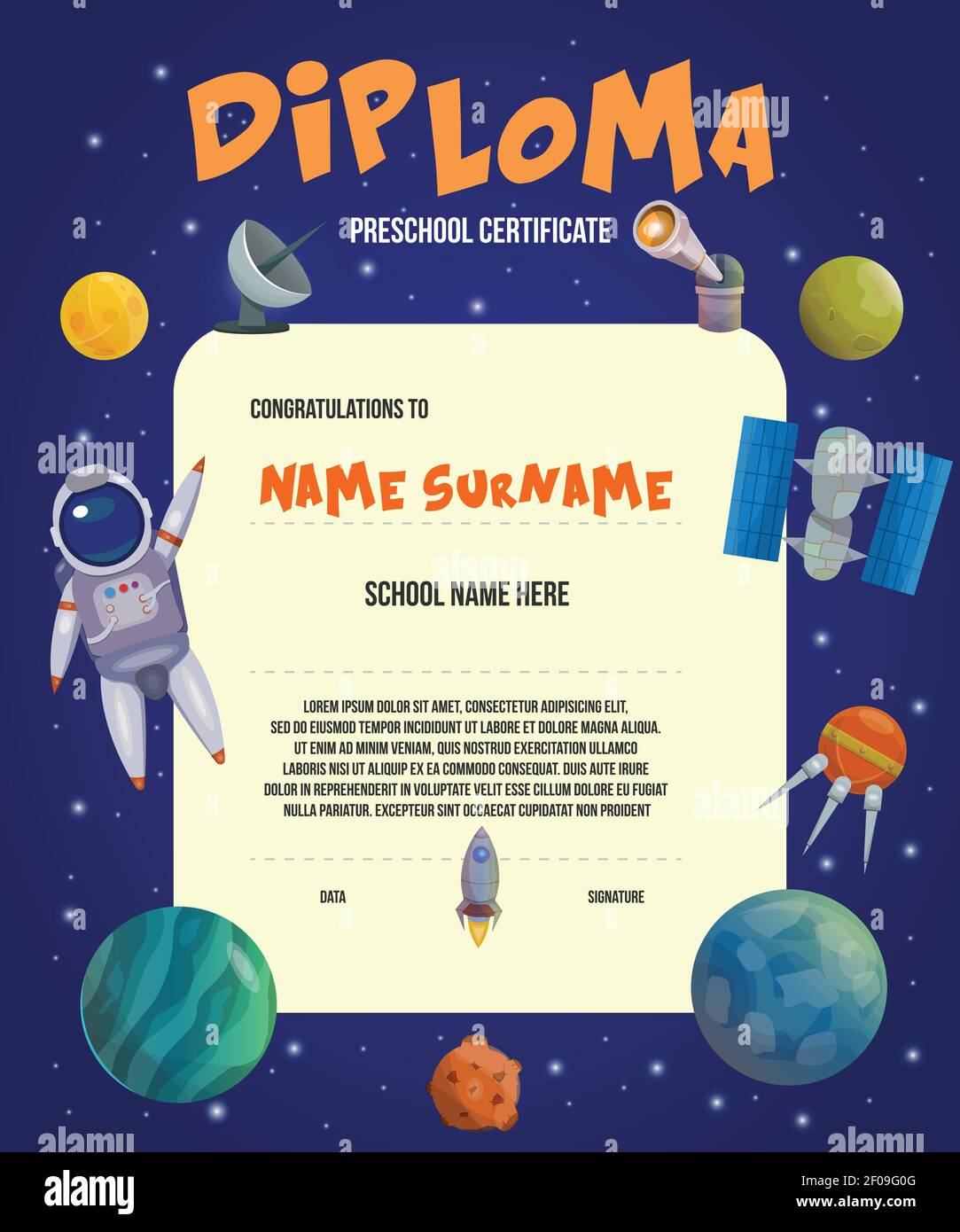 Colored space universe card or diploma preschool certificate on theme ...