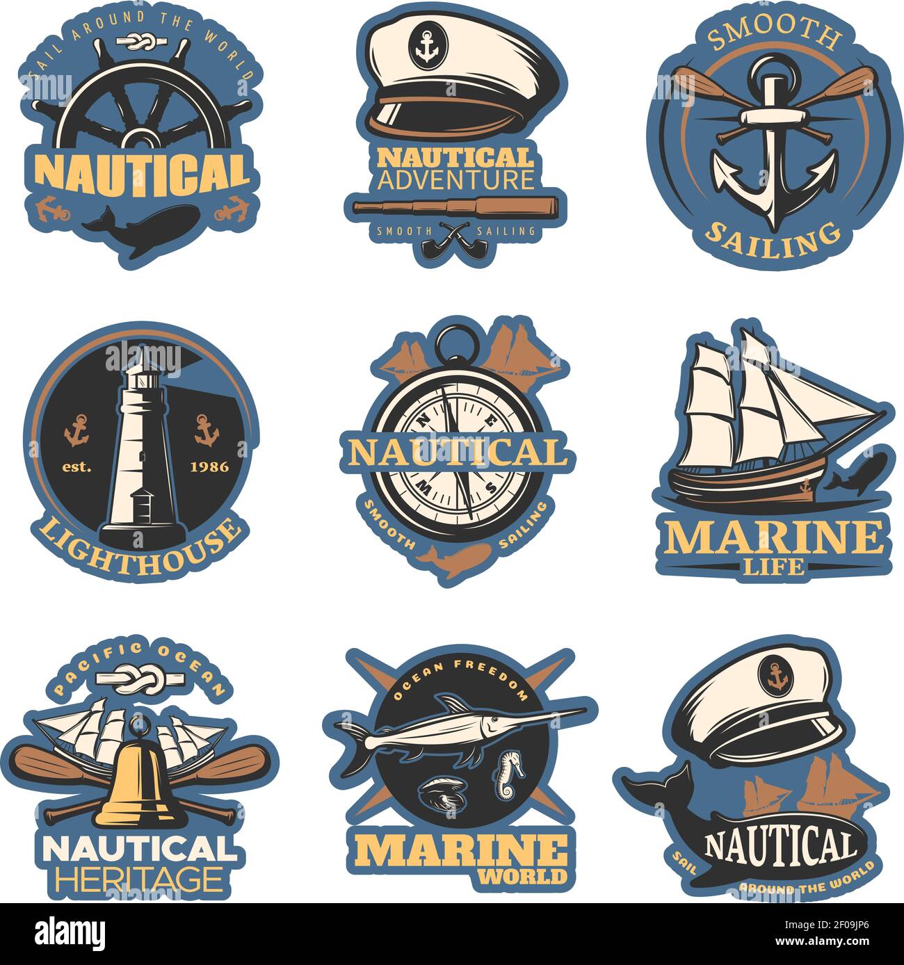 Nautical emblem set in color with smooth sailing nautical adventure ...