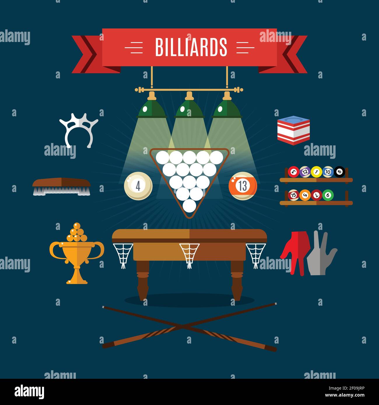 Play billiards flat icon set with sports attributes and accessories on ...