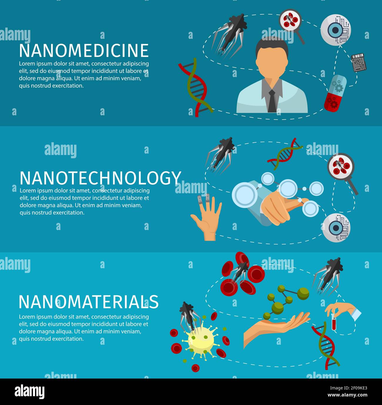 Three colored flat horizontal nanotechnology banner set with titles ...