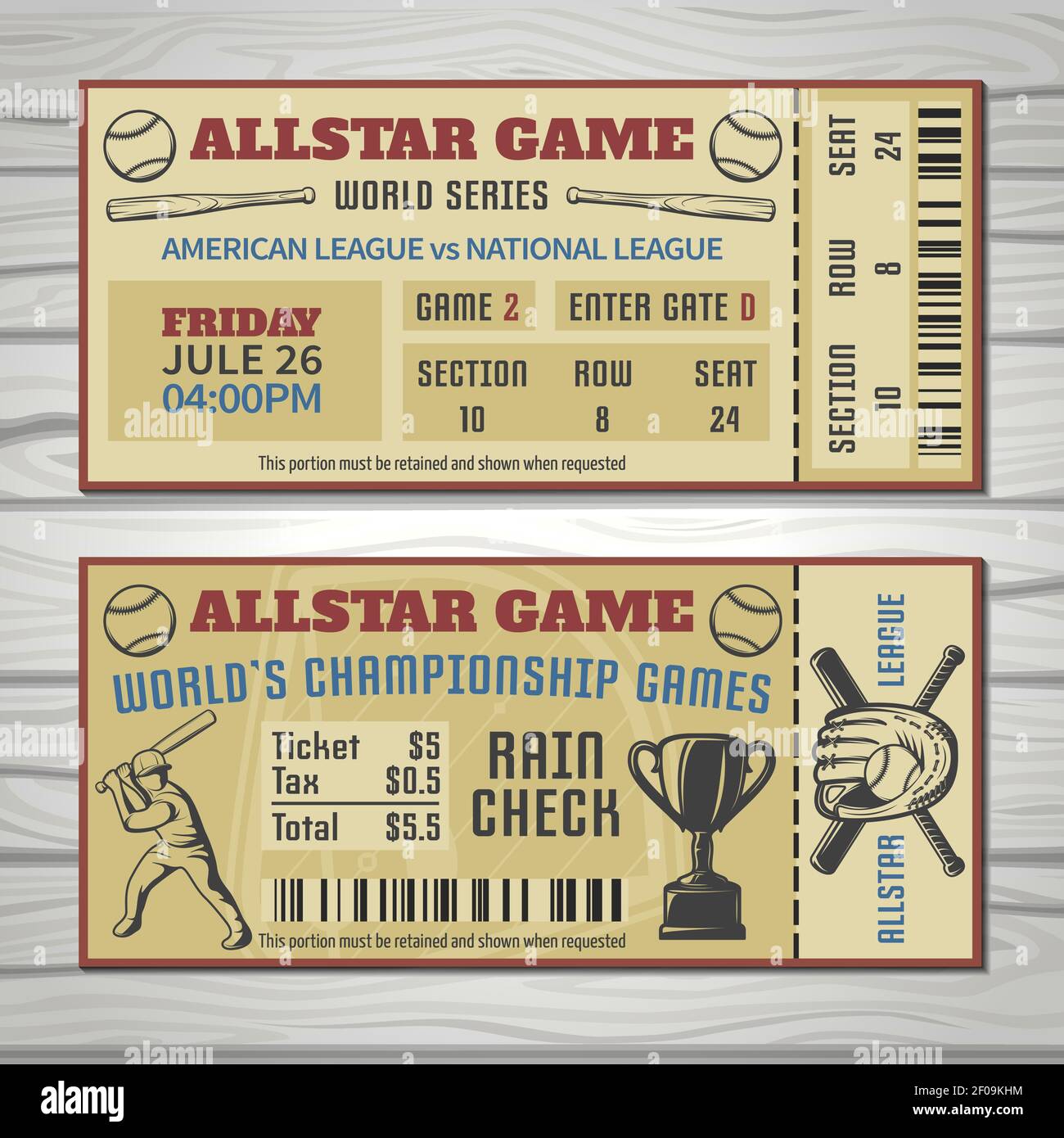 Baseball competitions tickets with player sports outfit and trophy ...
